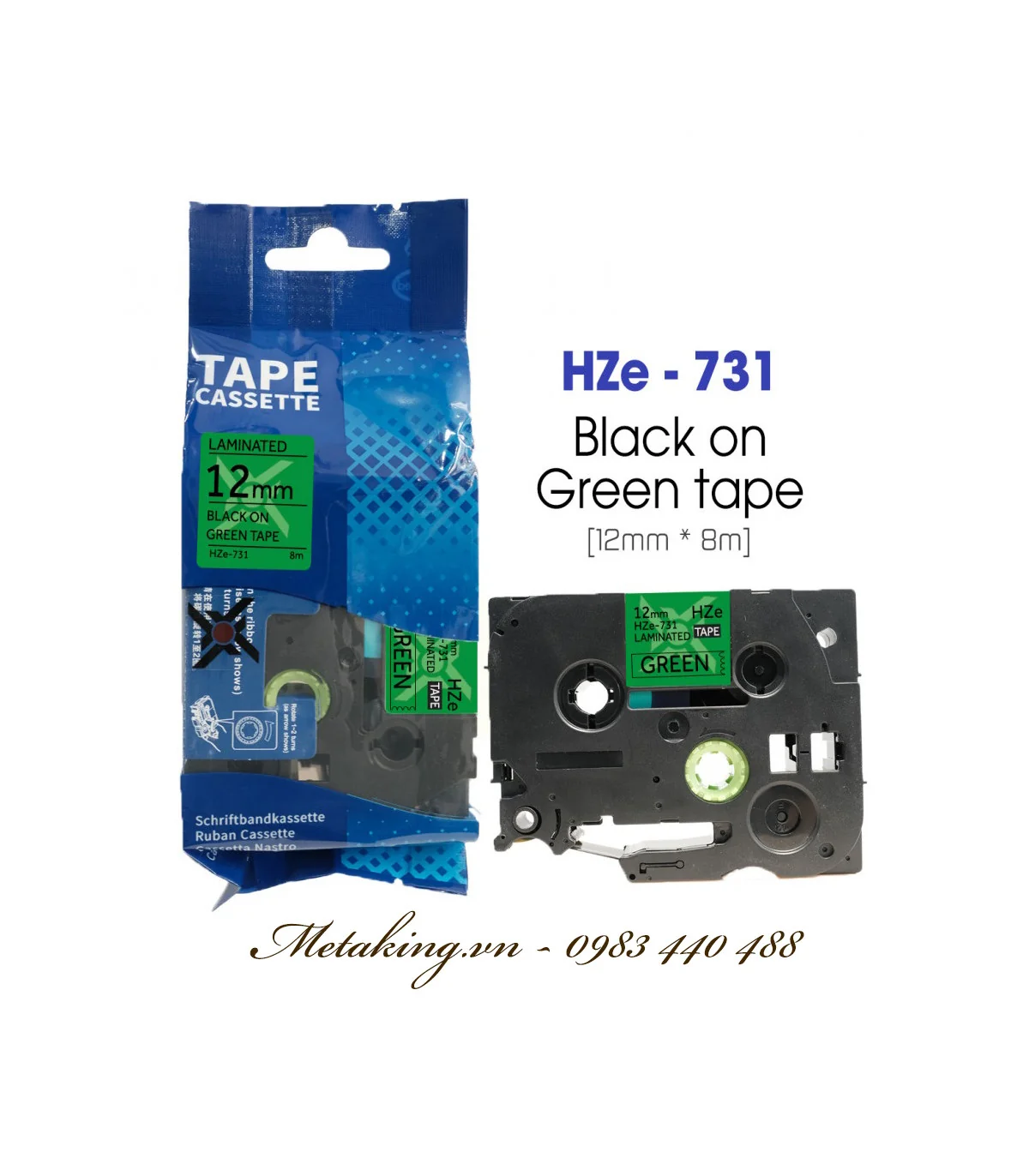 Nhãn In HZe-731 (TZe-731, TZ2-731), 12mm X 8m, Chữ đen trên nền xanh lá ...