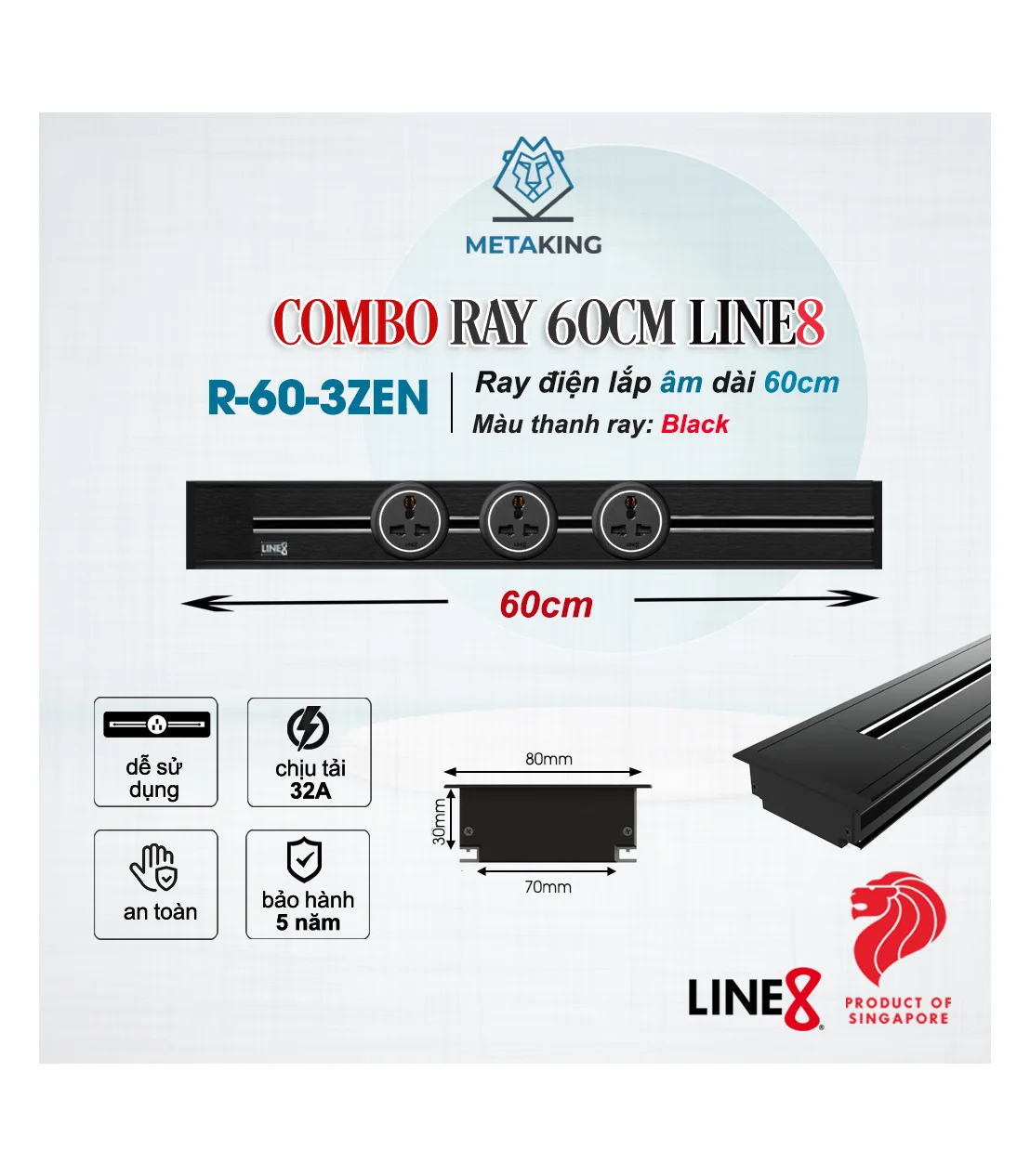 COMBO [ Ray Điện Line8 Lắp Âm Dài 60CM + 03 Ổ Cắm Zen MLT ] | ⓿ | METAKING